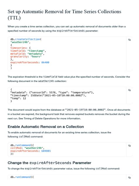Set Up Automatic Removal For Time Series Collections Ttl Mongodb Manual V80 Pdf