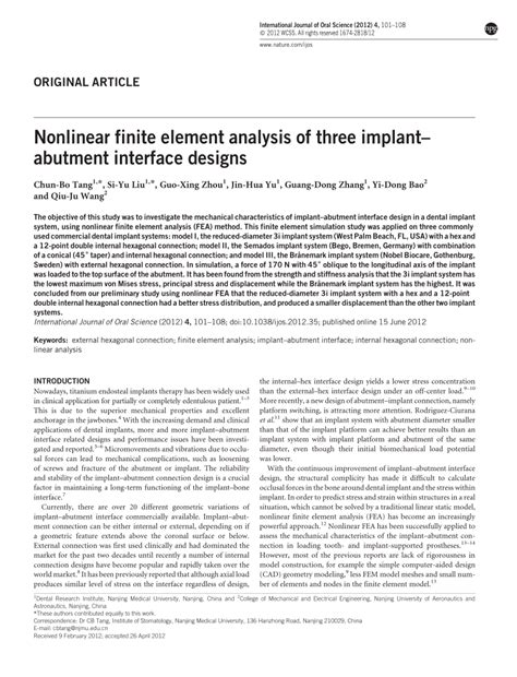 Pdf Nonlinear Finite Element Analysis Of Three Implantabutment Interface Designs