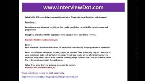 What Is The Difference Between Exception And Error Job Java Interview Question Youtube