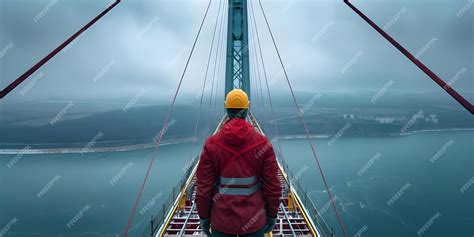 Premium Photo Engineer Ensuring Safety Of A Monumental Suspension Bridge During Construction