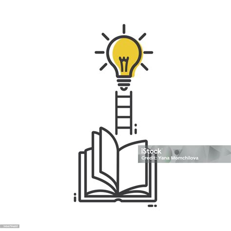 전구로 책을 열고 새로운 지식을 개념화합니다 전구 아이콘 벡터 스티커 기호로 이어지는 사다리가 있는 책 개념에 대한 스톡 벡터