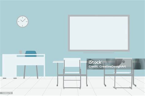 화이트 보드 흰색 책상과 의자가있는 빈 학교 교실 인테리어 하얀 칠판에 대한 스톡 벡터 아트 및 기타 이미지 하얀 칠판