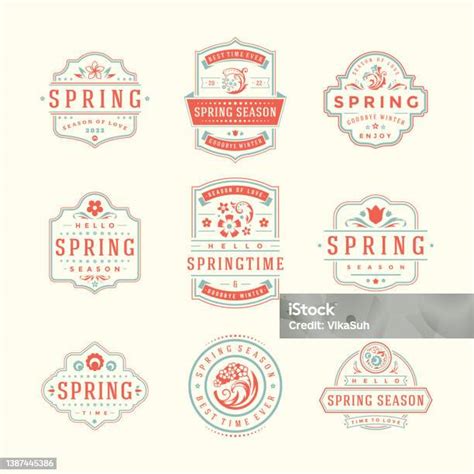봄 타이포그래피 배지 디자인 세트 벡터 빈티지 라벨 및 장식 요소 개체 그룹에 대한 스톡 벡터 아트 및 기타 이미지 개체 그룹 계절 고전 양식 Istock