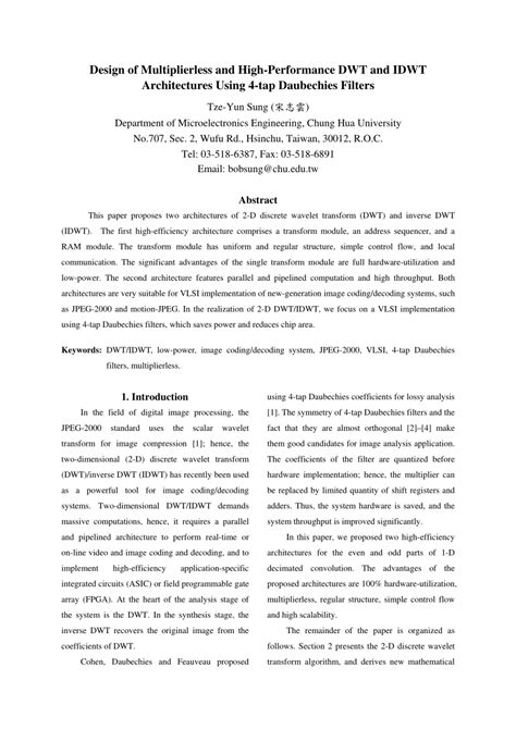 Pdf Design Of Multiplierless And High Performance Dwt And Idwt Architectures Using 4 Tap