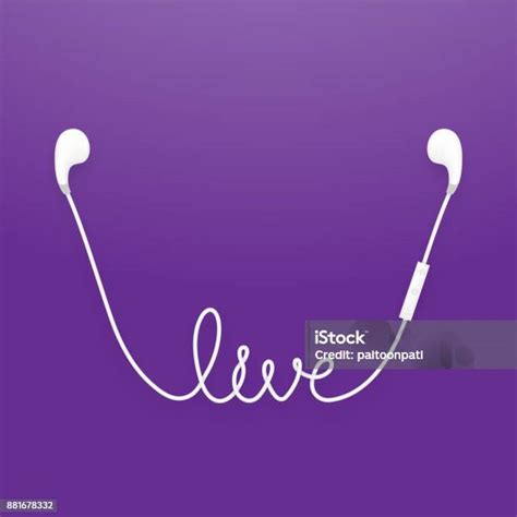 이어폰 무선 및 원격 버드 흰색 글자색과 보라색 그라데이션 배경 복사 공간에 고립 된 케이블에서 만든 라이브 텍스트 귀 부분에 대한 스톡 벡터 아트 및 기타 이미지 Istock