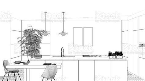 청사진 프로젝트 초안 현대 깨끗한 현대 부엌 의자 대나무와 화분 창과 마루 바닥 인테리어 디자인 개념 아이디어와 섬과 나무 식탁 가구에 대한 스톡 사진 및 기타 이미지