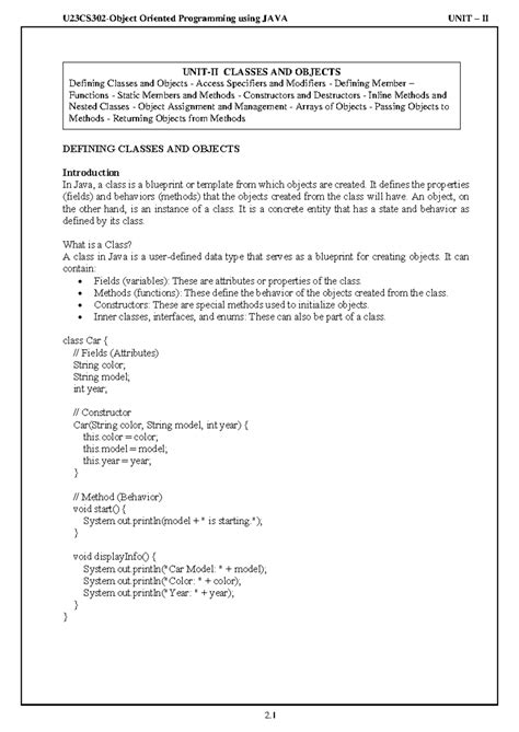 U23cs302 Unit Ii Classes And Objects In Java Programming Studocu