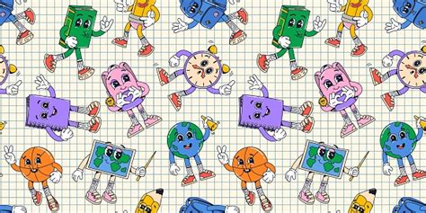 바둑판 무늬 노트북 시트 배경에 60년대 70년대 복고풍 스타일의 그루비한 만화 학용품과 배낭 캐릭터가 있는 매끄러운 패턴 1960 1969 년에 대한 스톡 벡터 아트 및