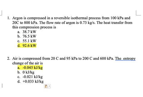 Solved 1 Argon Is Compressed In A Reversible Isothermal