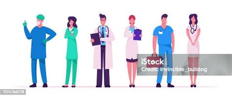 병원 의료 직원 세트 청진기 들고 노트북 제복외과 의사 캐릭터 간호사 클리닉 의학 직업 직업 만화 플랫 벡터 일러스트와 의료 가운에 의사 의사에 대한 스톡 벡터 아트 및