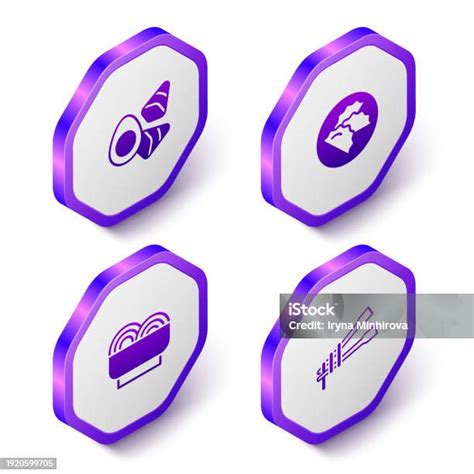 야채 만두 아시아 국수 그릇 및 음식 젓가락 아이콘을 곁들인 아이소 메트릭 닭고기 달걀을 설정합니다 보라색 육각형 버튼 벡터 0명에 대한 스톡 벡터 아트 및 기타 이미지