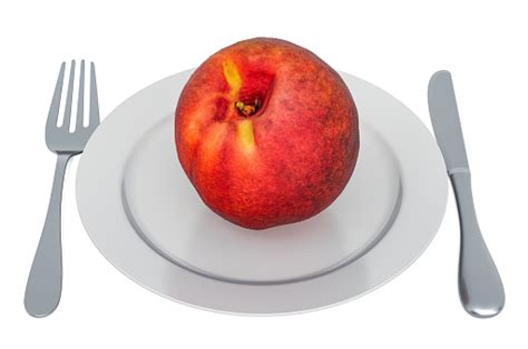 포크와 나이프가 있는 접시에 복숭아 흰색 배경에서 분리된 3d 렌더링 3차원 형태에 대한 스톡 사진 및 기타 이미지 3차원 형태 개념 개념과 주제 Istock