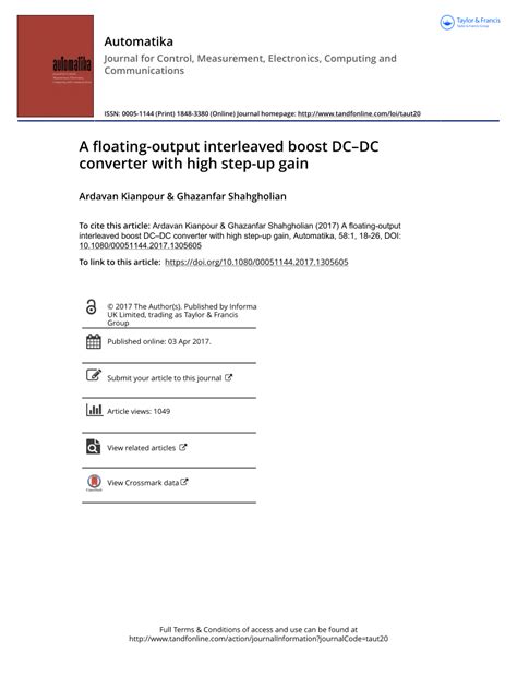 Pdf A Floating Output Interleaved Boost Dcdc Converter With High Step Up Gain