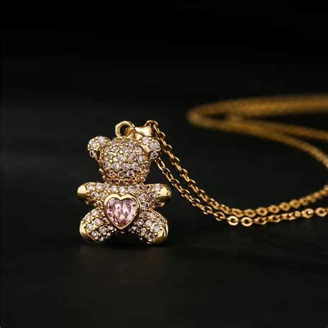 18k Gold Plated Teddy Bear Pendant Necklace With Cz Zircon Bling Etsy