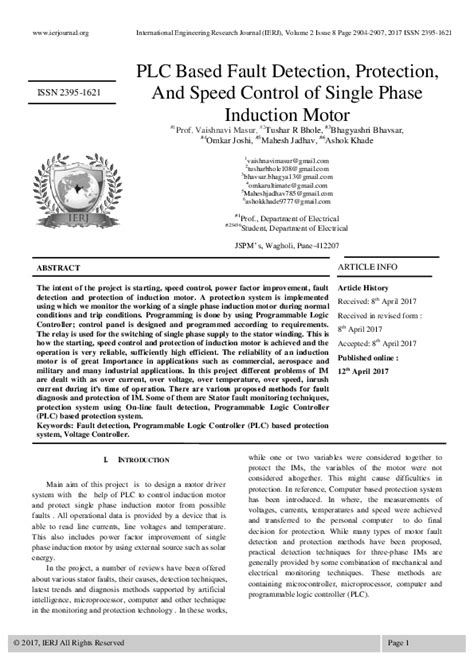 Pdf Plc Based Fault Detection Protection And Speed Control Of Single Phase Induction Motor
