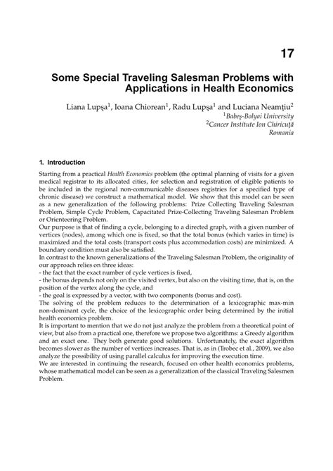 Pdf Some Special Traveling Salesman Problems With Applications In Health Economics
