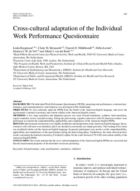 Pdf Cross Cultural Adaptation Of The Individual Work Performance Questionnaire