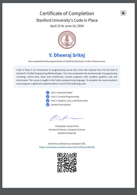 Dheeraj Sritej On Linkedin Stanford Codeinplace Python Programming Learningjourney
