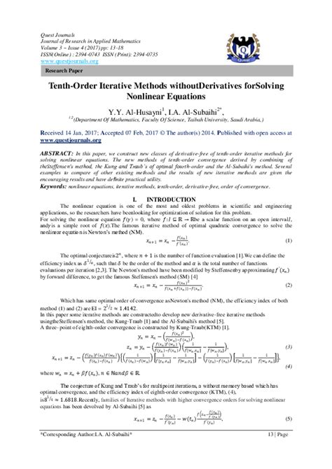 Pdf Tenth Order Iterative Methods Withoutderivatives Forsolving Nonlinear Equations