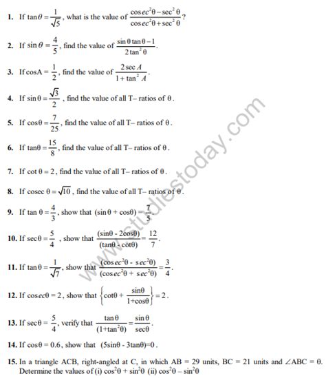 Cbse Class 10 Introduction To Trigonometry Sure Shot Questions Set A