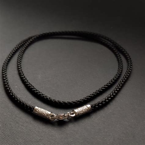 Black Silk Cord Necklace Braided Pendant Lanyard With Sterling Silver