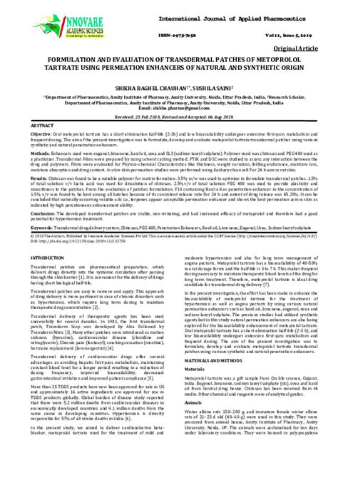 Pdf Formulation And Evaluation Of Transdermal Patches Of Metoprolol Tartrate Using Permeation