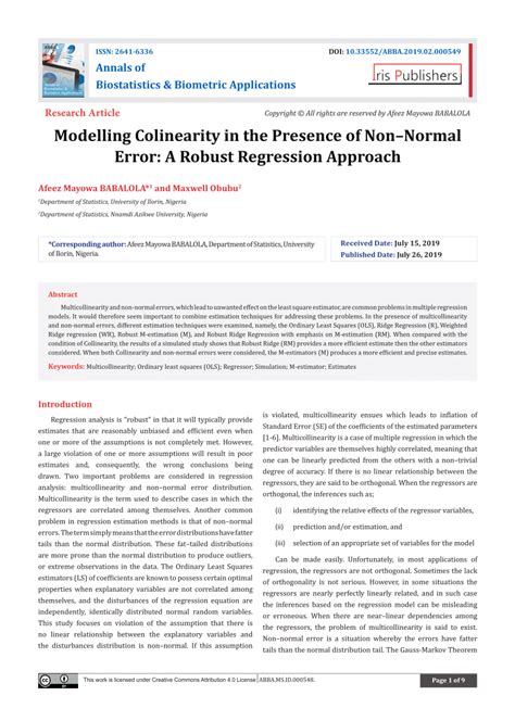 Pdf Modelling Colinearity In The Presence Of Non Normal Error A Robust Regression Approach