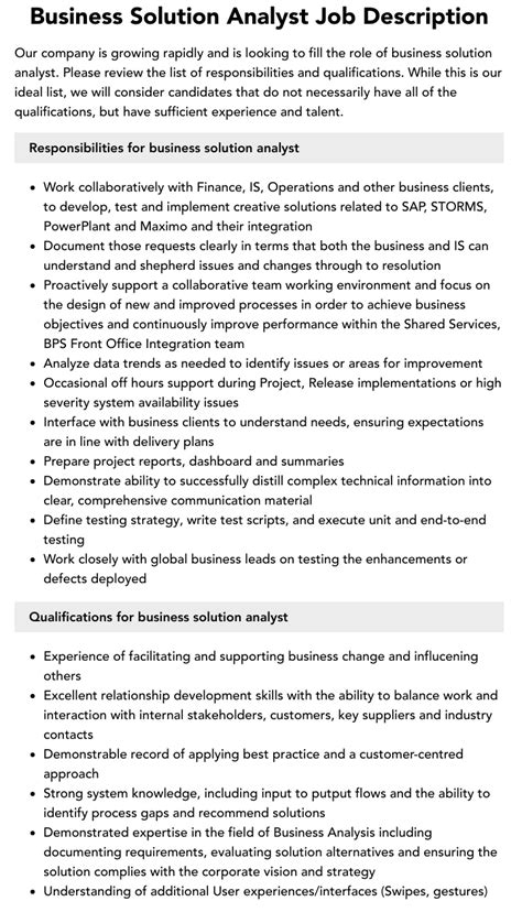 Business Solution Analyst Job Description Velvet Jobs
