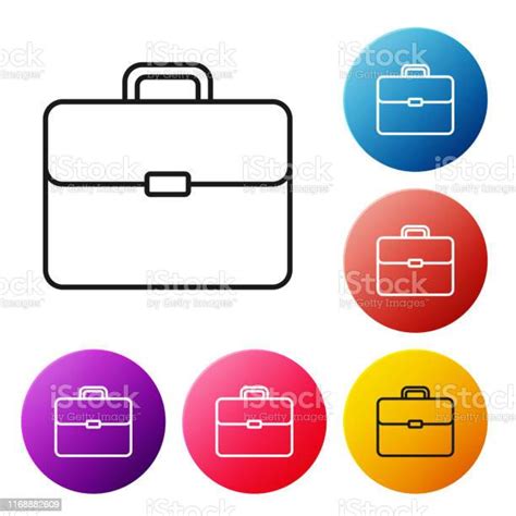 흰색 배경에 격리된 검은색 선 서류 가방 아이콘입니다 비즈니스 사례 기호입니다 비즈니스 포트폴리오 아이콘 다채로운 원 버튼을 설정합니다 벡터 일러스트레이션 0명에 대한 스톡