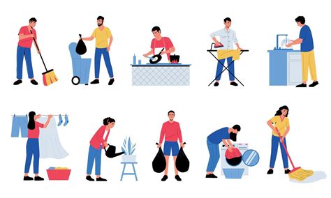 People Doing Housework Men Woman Characters Cooking Dishes Watering