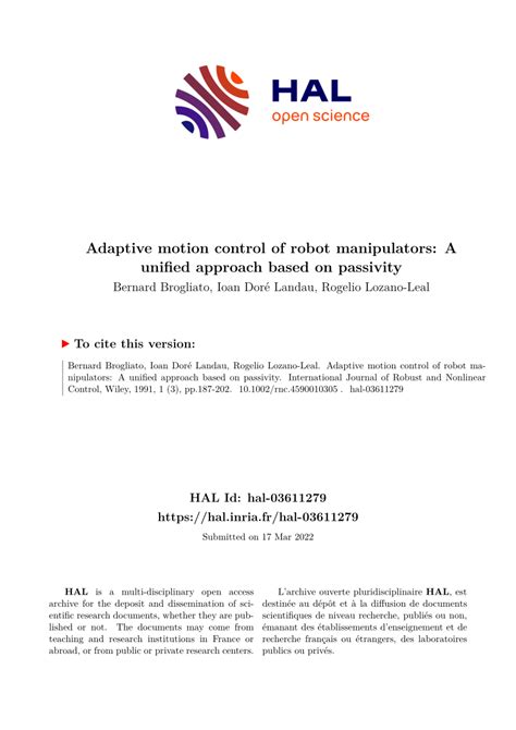 Pdf Adaptive Motion Control Of Robot Manipulators A Unified Approach Based On Passivity
