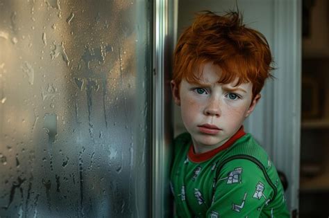 Premium Photo Red Haired Boy In Green Robot Pajamas Staring