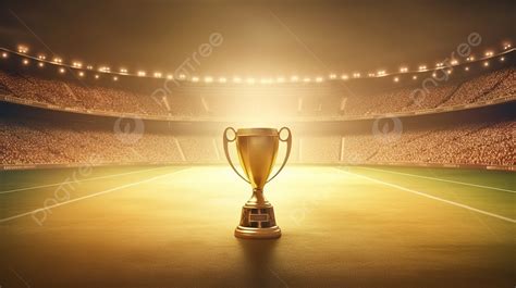 조명이 켜진 경기장 조명과 텍스트를 위한 공간이 있는 3d 하프 축구장에 있는 황금 축구 트로피 컵 축구 컵 축구 경기장