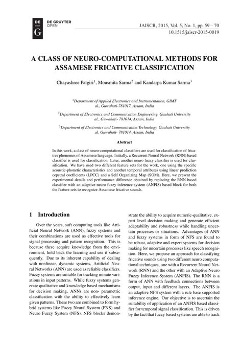 Pdf A Class Of Neuro Computational Methods For Assamese Fricative Classification
