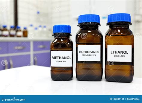 Selective Focus Of Ethanol Methanol And Isopropanol Brown Amber Glass