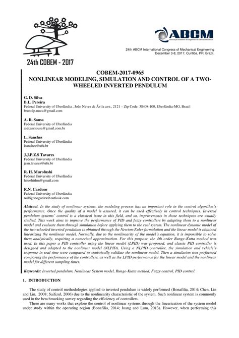 Pdf Nonlinear Modeling Simulation And Control Of A Two Wheeled Inverted Pendulum