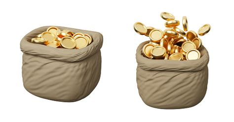 금화가 흩어져 있고 떨어지는 3d 개체 돈 가방 비즈니스 금융 및 은행 저축 잭팟 및 흰색 배경에 보물 재무 관리 클리핑 경로