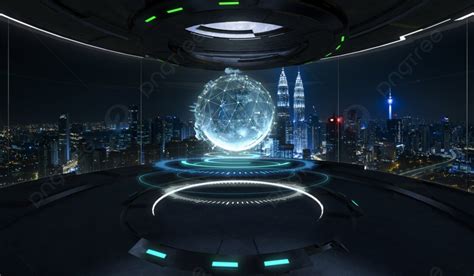 공간에 연결된 점 무선 통신 네트워크가 있는 가상 지구본이 있는 미래형 인테리어 디자인 빈 공간 및 사진 배경 및 무료