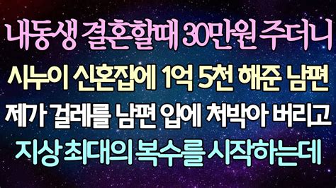 반전 사연 내동생 결혼할때 30만원 주더니 시누이 신혼집에 1억 5천 해준 남편 제가 걸레를 남편 입에 처박아 버리고 지상 최대의 복수를 시작하는데 사이다사연라디오