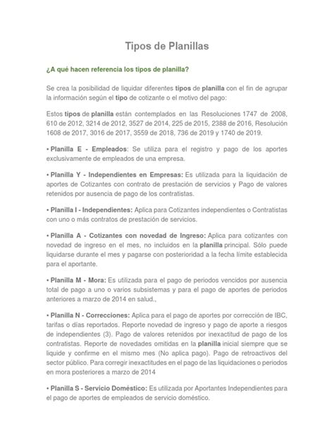 Tipos De Planillas Aportes Seguridad Social Pdf Pensión Economias