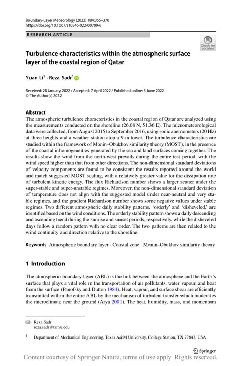 Pdf Turbulence Characteristics Within The Atmospheric Surface Layer Of The Coastal Region Of Qatar