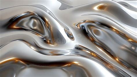 A Smooth Metallic Abstract Surface With Fluid Wave Like Forms And Reflective Silver And Gold