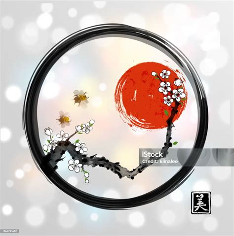붉은 벚꽃 벚꽃 나무 Bllossom 붉은 태양 및 백색 빛나는 배경에 검은 Enso 선 원에 두 벌 전통적인 동양 잉크 그림 Sumie U죄가 화 0명에 대한 스톡 벡터