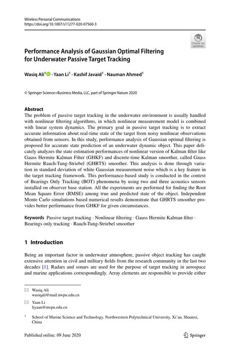 Pdf Performance Analysis Of Gaussian Optimal Filtering For Underwater