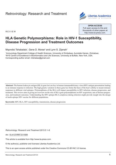 Pdf Hla Genetic Polymorphisms Role In Hiv 1 Susceptibility Disease Progression And Treatment