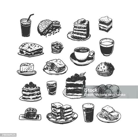 커피와 디저트 컬렉션 손으로 그린 라인 아트 다양한 커피 음료와 디저트를 특징으로 하는 흑백 라인 아트 그림 카페 메뉴 베이커리 디자인 및 음식 관련 프로젝트에 적합합니다