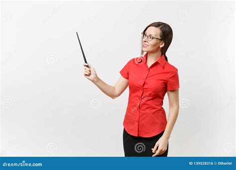 Portrait Of Young Business Teacher Woman In Red Shirt Skirt Glasses