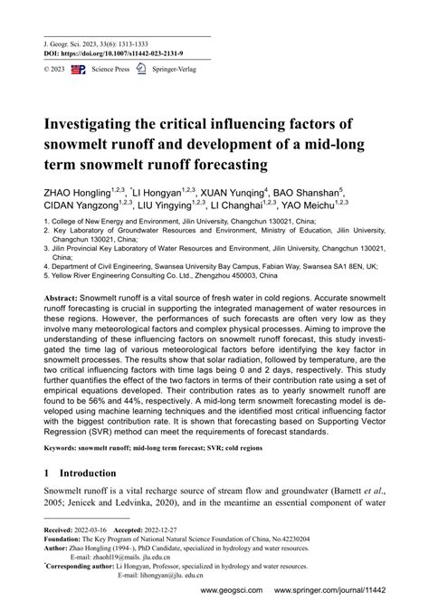 Pdf Investigating The Critical Influencing Factors Of Snowmelt Runoff And Development Of A Mid