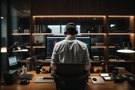 Premium Photo Wide Angle Back View At Man Using Computer At Home Office With Modern Tech Interior