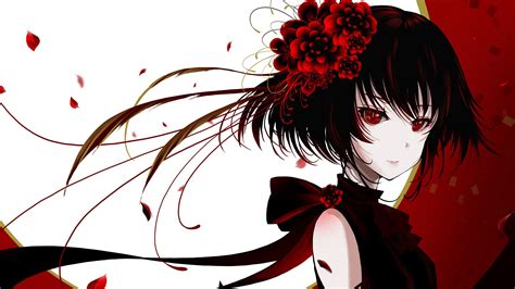 Red Eyes Black Hair Anime Girl With Red Flowers On Head Hd Anime Girl